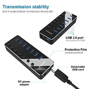 RSHTECH 7 Port Powered USB 3.0 Hub with AC Adapter + 7 in 1 USB C Hub with 8K HDMI Port, 3 10Gbps USB 3.2 Data Ports, 100W PD and SD/TF Card Reader