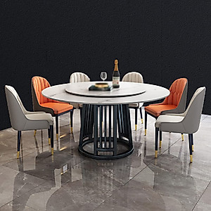 LITFAD Modern 7 Pieces Dining Table Set Round Sintered Stone Dining Table and Chairs for 6 Rotating Table for Dining Room Restaurant - 7 Pieces: White Table with 4 White and 2 Orange Chairs…
