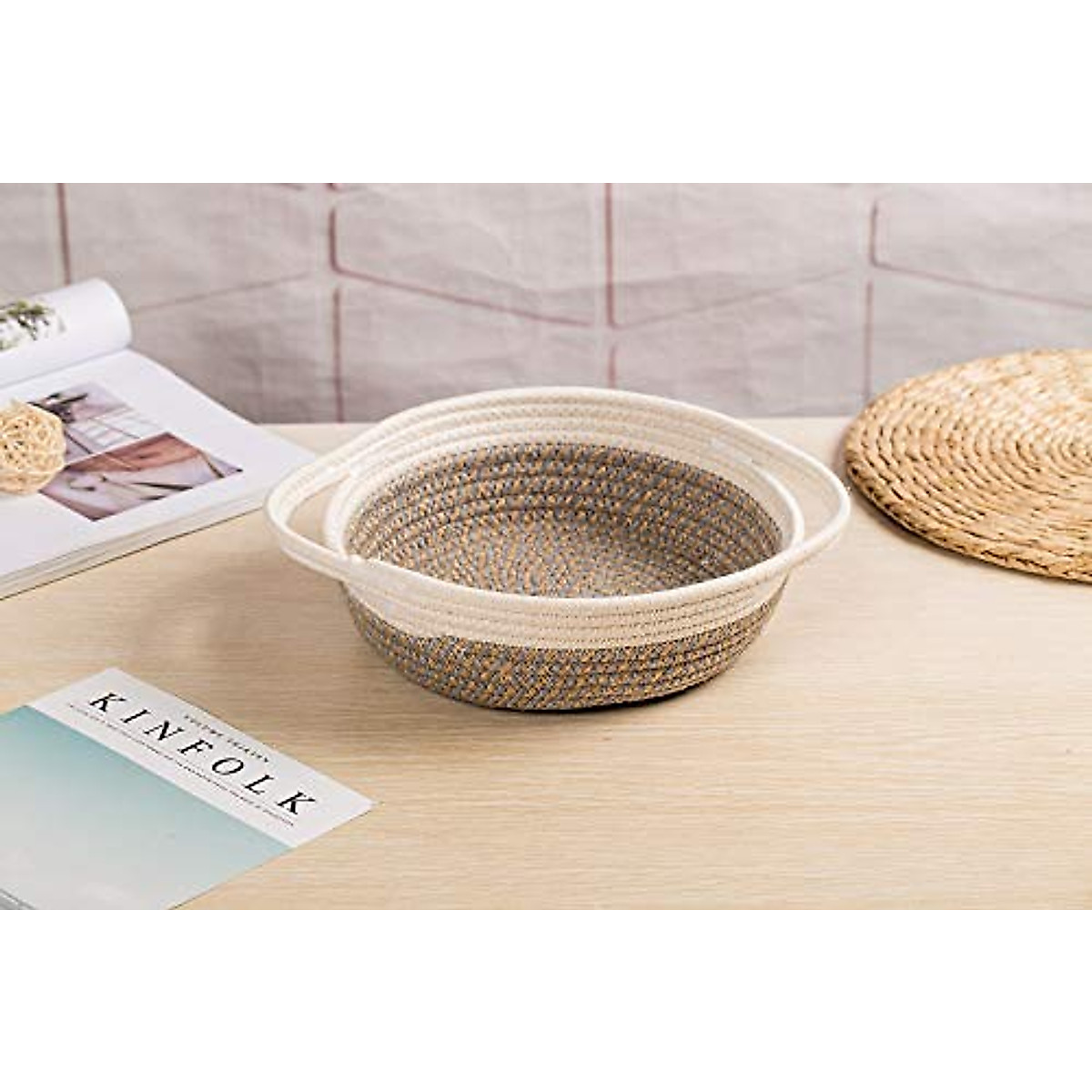 Small Rope Storage Key Basket Desk Organizer Basket Remote Control Bedside Storage Home Decor Mini Basket Woven Storage Basket Bowl Woven Dish Desk Container (Grey Camel Mix & White - Hemp Rope)