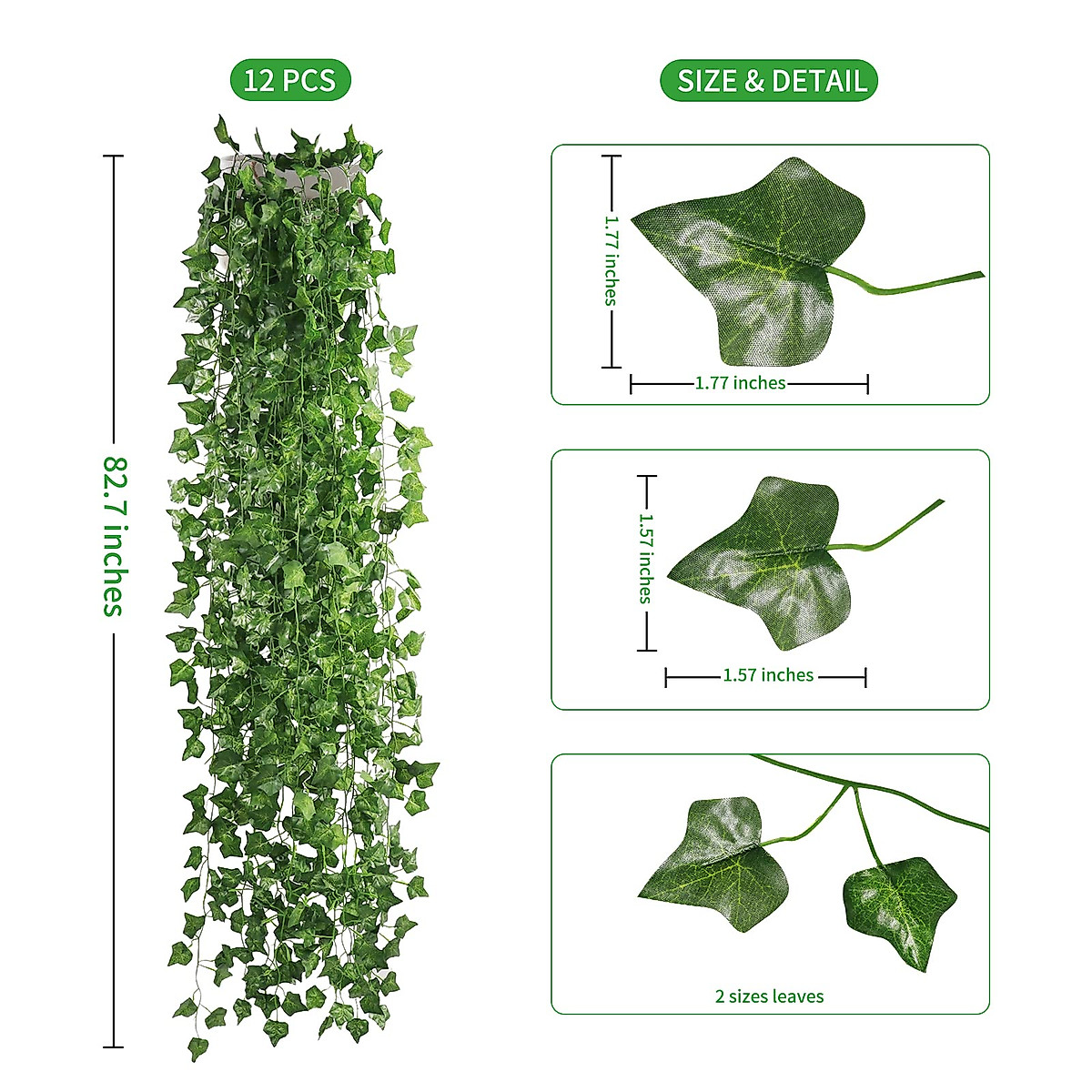EZFLOWERY 12 Strands 84 Feet Artificial Ivy Vines Leaves, Silk Garland Fake Greenery Hanging Leaf Plants for Wedding, Wall Decor, Party, Room, Garden, Home Decor - Green