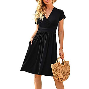LILBETTER Women's Summer Casual Short Sleeve V-Neck Short Party Dress with Pockets Black Medium