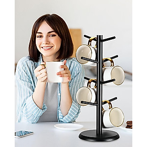 Lorbro Coffee Mug Tree with 8 Hooks, Mug Tree Stand, Bamboo Coffee Cup Holder, Countertop Mug Tree, Mug Stand Kitchen Organizer, Cafe Accessories Decor & Kitchen Organizer Storage Stand (Black)