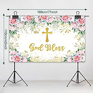 God Bless Backdrop Baptism First Holy Communion Banner Mi Bautizo Baby Shower Party Decorations Christening Ceremony Newborn Banner Flowers Leaves Floral Photography Background Decor Supplies