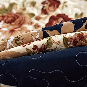 LAMEJOR Quilt Set Queen Size Retro Floral Pattern Medallion Style 3-Piece Reversible Luxury Soft Comforter Set Bedspread Coverlet Set Microfiber Dark Blue