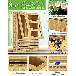 6 In 1 Ziplock Bag Storage Organizer, Foil and Plastic Wrap Organizer, Uamector Bamboo Aluminum Foil Dispenser with Cutter for Kitchen Drawer, Applies to Gallon Quart Sandwich Snack Bags, Cling Film Aluminum Foil, etc