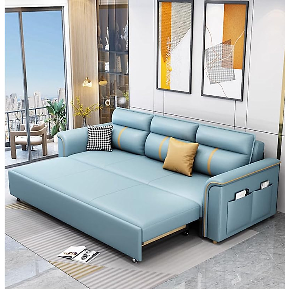 LAKIQ Contemporary Blue Sofa Bed with Storage Faux Leather, Metal, Sponge Seat Fill Loveseat Couch (94.5" L x 31.5" W x 33" H)