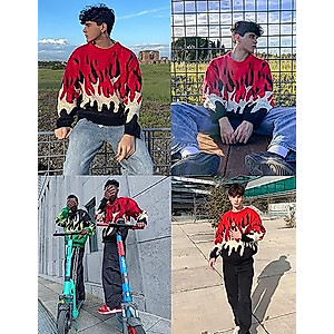 ZAFUL Mens Long Sleeve Flame Graphic Y2K Knit Sweaters Casual Oversized Sweater Pullover Wine Red XXL