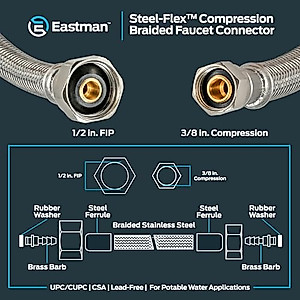 Eastman 24 inch Steel-Flex Braided Faucet Connector, 1/2 Inch FIP x 3/8 Inch Compression, Stainless Steel Faucet Supply Line, 48006