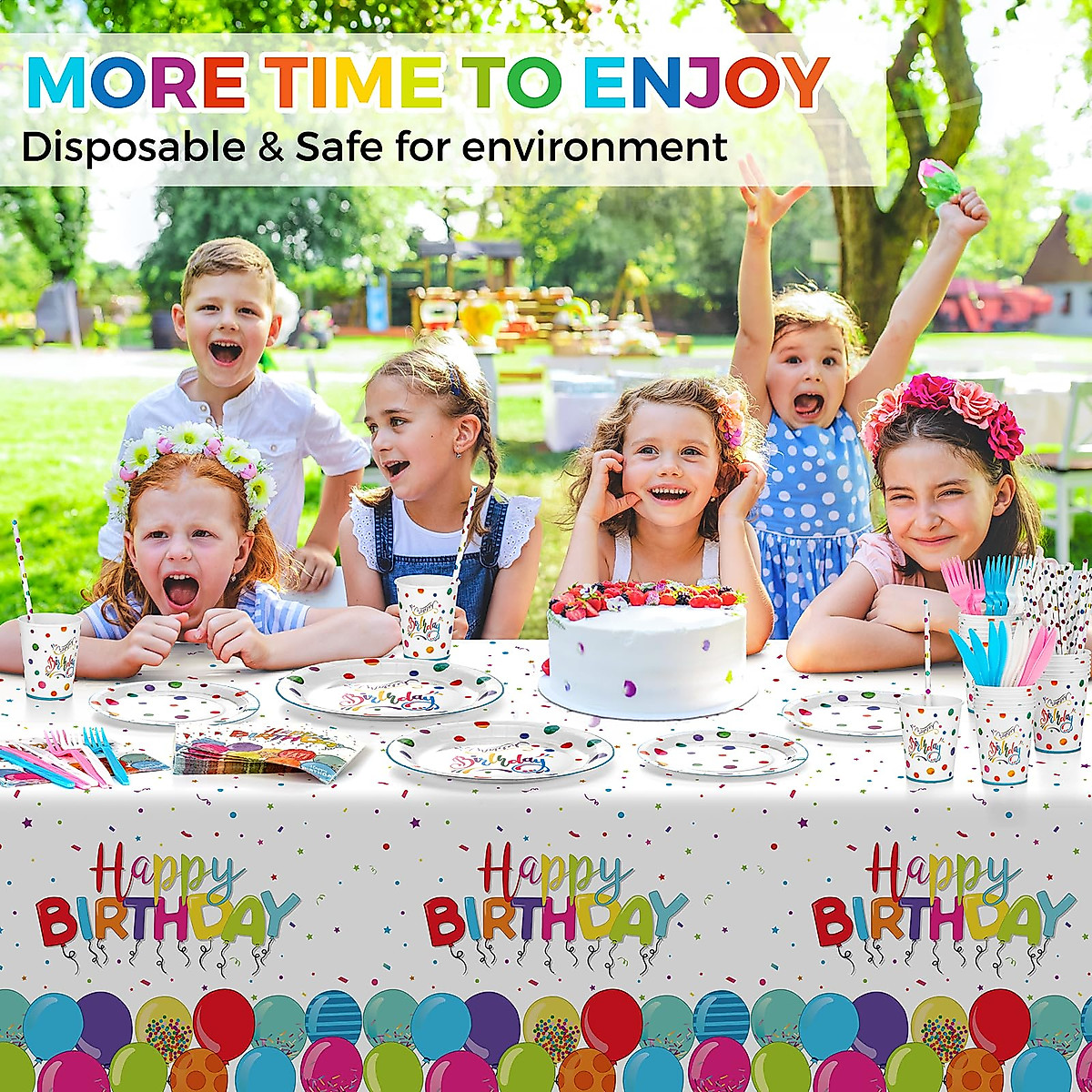 189PCS Birthday Plates and Napkins Party Supplies, Happy Birthday Plates Serve 24, Includes Happy Birthday Plates,Napkins,Tablecloth,Cups,Straws,Knives & Forks,Balloons for Kids Birthday Decorations