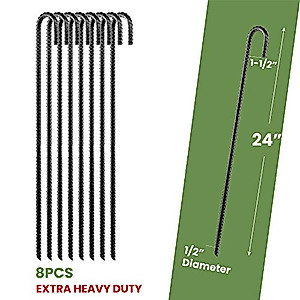 CRIZTA 24” Set of 8 Ground Rebar Stakes Heavy Duty J Hook Ground Anchors, Curved Steel Plant Support Garden Stake with Chisel Point end, Hammer Through Hard Soil for Camping Tent - Black Powder Coated