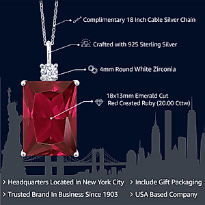 Gem Stone King 20.00 Cttw Red Created Ruby Pendant Necklace For Women In 925 Sterling Silver | Emerald Cut 18X13MM | With 18 Inch Silver Chain