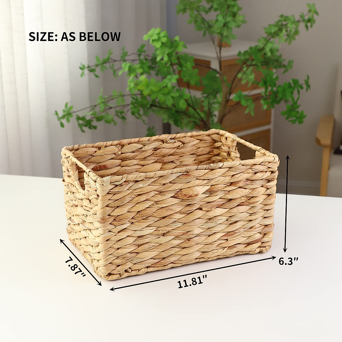 YRMT Water Hyacinth Basket Wicker Storage Baskets for Organizing Small Woven Shelf Organizer with Handles Decorative Pantry Shelf Basket 11.8" x 7.9" x 6.3"