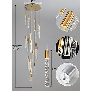 12 Lights 118" Modern High Ceiling Chandelier Crystal Gold Light Fixtures Dimmable Long Hanging Pendant Lighting Fixtures for Staircase Living Room Foyer Hallway Flush Mount Ceiling Light Polished