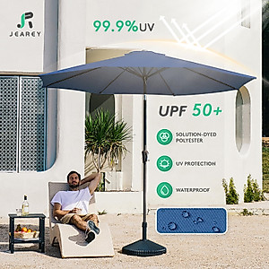 JEAREY 9FT Outdoor Patio Umbrella Outdoor Table Umbrella with Push Button Tilt and Crank, Market Umbrella 8 Sturdy Ribs UV Protection Waterproof for Garden, Deck, Backyard, Pool (Dark Blue)