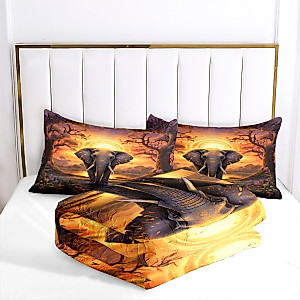 Ydtwnyq Queen Comforter Set 3 Pcs Wild Animal Elephant Printed Soft Bedding Comforter Sets Queen Size Comforter with 2 Pillowcases for All Seasons