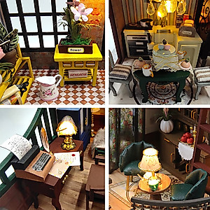 SYCW DIY Dollhouse Miniature Wooden Furniture Kit with Dust Cover and Music Box, Doll House Kit with LED Light, Mini Handmade Wooden Dollhouse Toys, Multicolored