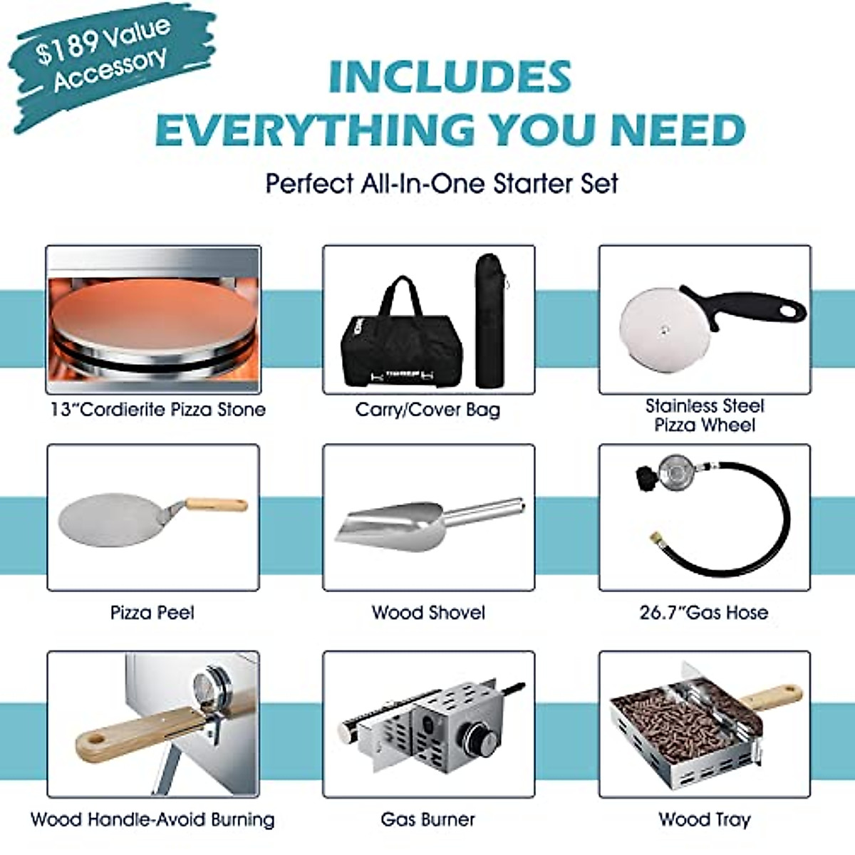 Pizza Oven Outdoor,13" Multi-Fuel Rotatable Pizza Ovens,Portable Wood Fired and Gas Pizza Oven,Stainless Steel 3-Layer Oven,Pizza Maker with Built-in Thermometer,Pizza Cutter & Carry Bag