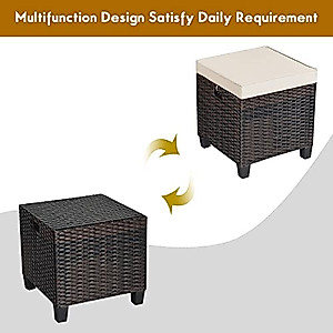 Tangkula 2 Pieces Outdoor Patio Ottoman, All Weather Rattan Wicker Ottoman Seat, Patio Rattan Furniture, Outdoor Footstool Footrest Seat w/Removable Cushions (Cream)