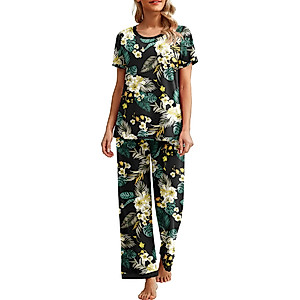 PrinStory Womens Pajama Sets 2025 Short Sleeve Pajama Sets for Women 2 Piece Lounge Set Ladies Soft Pjs FP-Green Leaf Lily-L