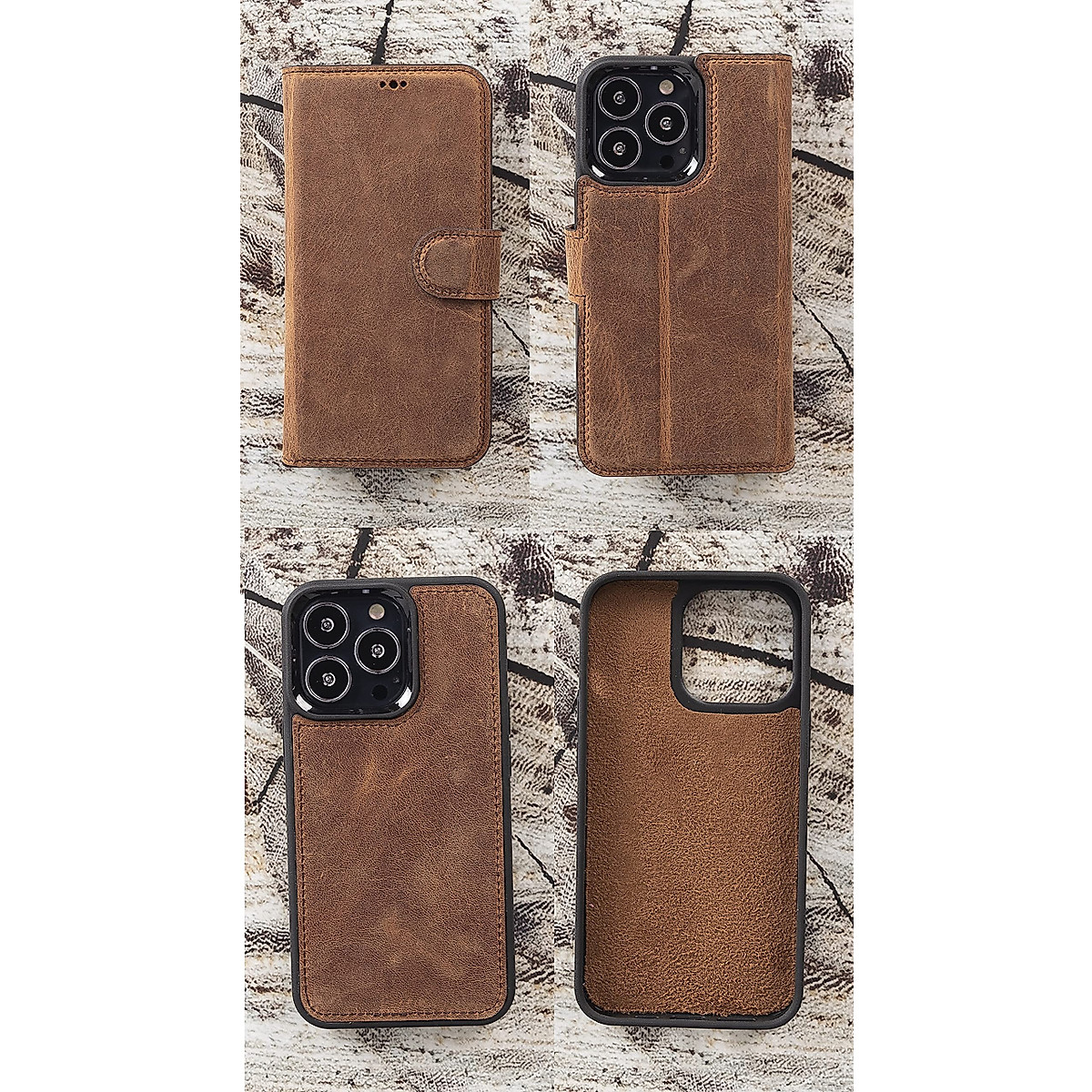 VENOULT Vintage Leather Compatible with iPhone 14 Pro MAX Wallet Case, 14 Pro / 14 Plus Genuine Leather Magnetic Detachable, Wireless Charge and Car Mount Compatible, HANDMADE