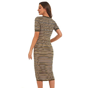 togputel Women's Short Sleeve Striped Knit Midi Dress Casual Comfortable Everyday Wear Flow Fit Brown Stripe,L