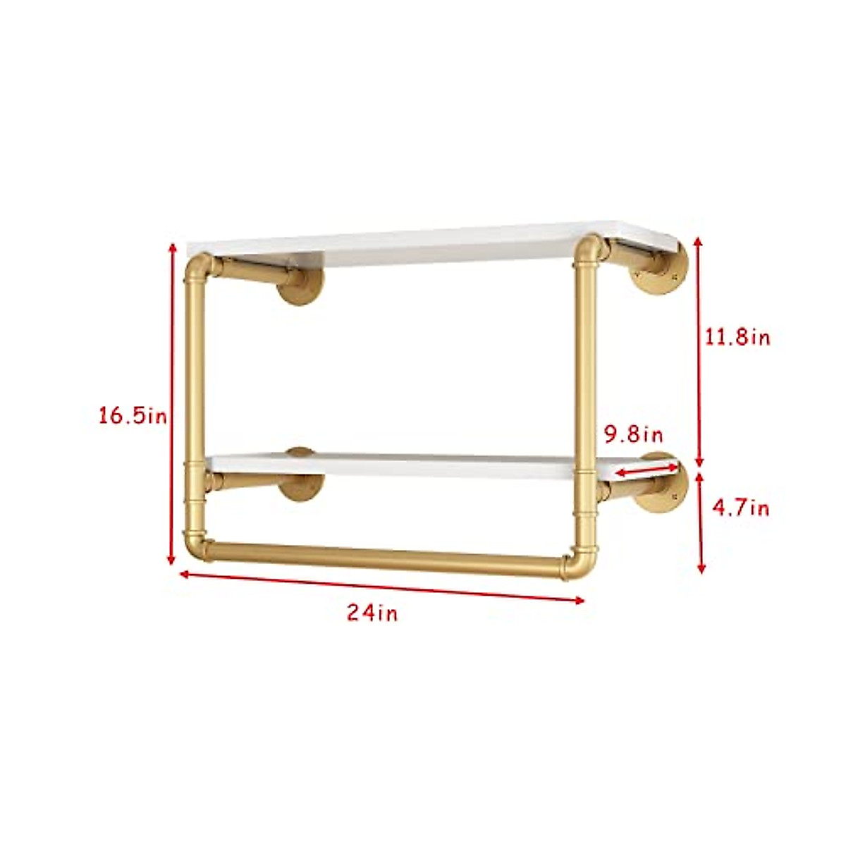 HOMEKAYT Industrial Pipe Shelving Wall Mounted Rustic Wood Shelf Industrial Floating Shelves-(Gold,2-Tier)