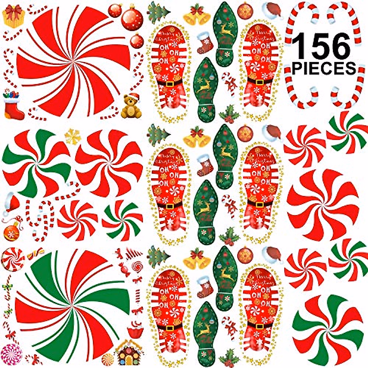 156PCS Christmas Peppermint Floor Decals Footprints Stickers for Christmas Candy Party Decoration Xmas Party Decor Supplies, 12 Sheets