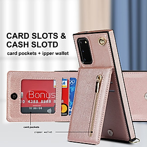 Jaorty Crossbody Case for Samsung Galaxy S20 FE 5G Case with Card Holder,6.5" (NOT for S20) Galaxy S20 FE 5g Phone Case Wallet with Strap for Women, Credit Card Slots Cases Lanyard Kickstand,Rosegold