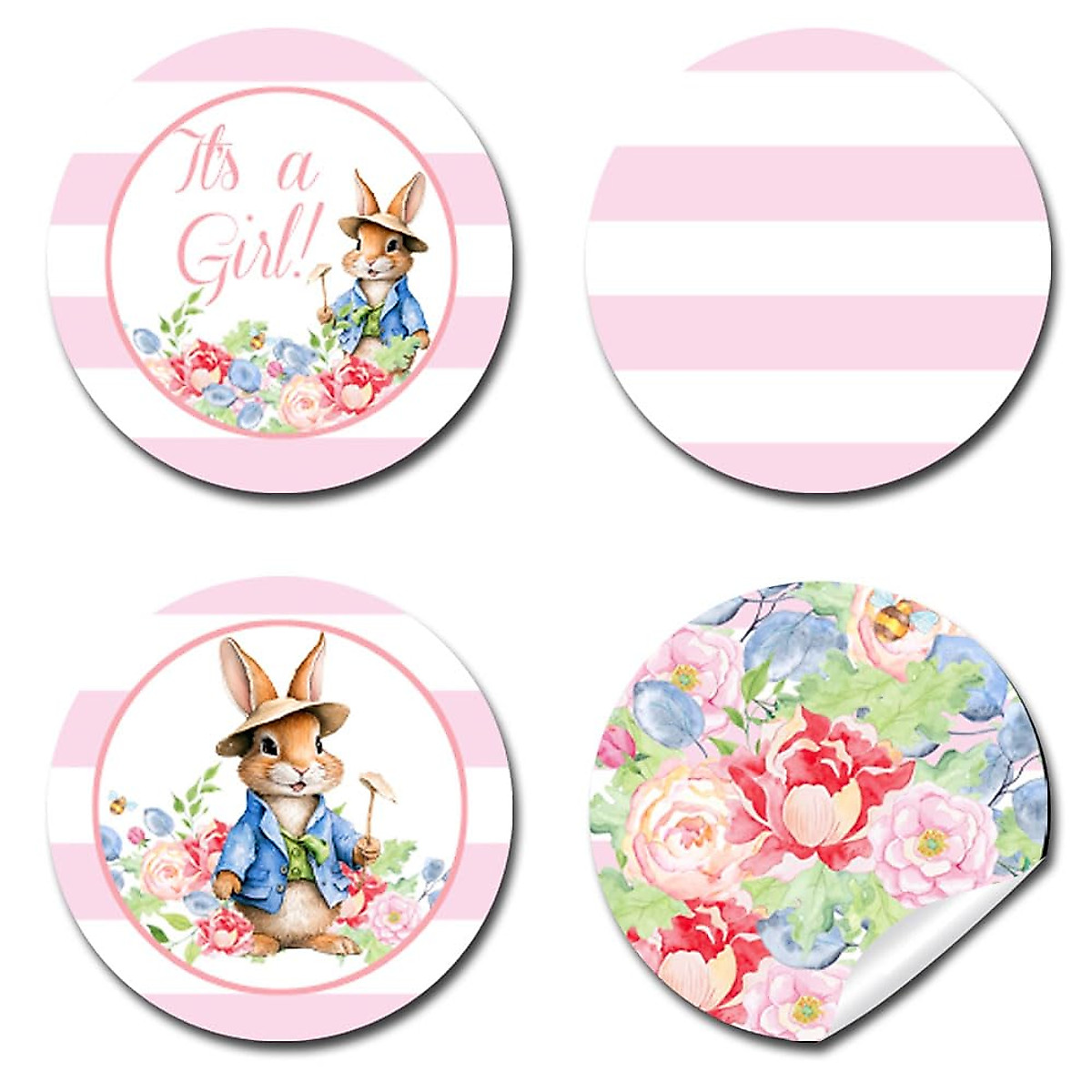 Little Rabbit Girl Baby Shower Kiss Sticker Labels, 300 Party Circle Stickers Sized 0.75 inches for Chocolate Drop Kisses by Amanda Creation, Great for Favors, Treats, Envelope Seals & Goodie Bags