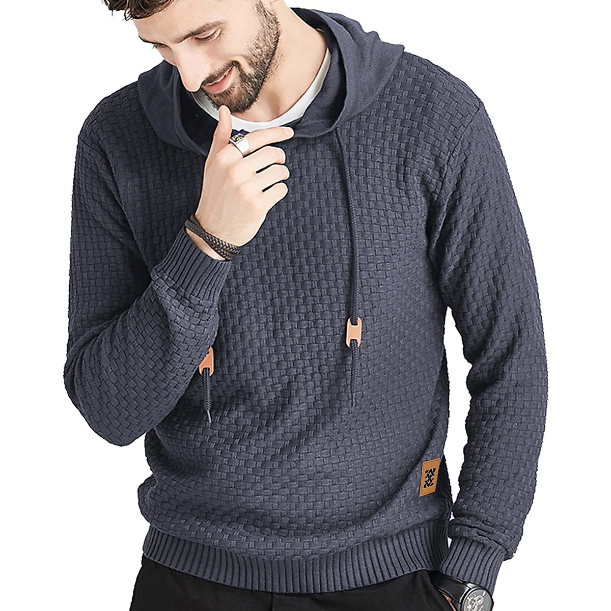 Zaitun Men's Drawstring Waffle Textured Hooded Pullover Sweater