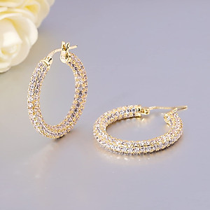 CiNily Hoop Earrings for Women, 925 Sterling Silver Earrings Hypoallergenic 14K Gold Plated Lightweight White Cubic Zirconia Chunky Open Hoops Jewelry 1.2"