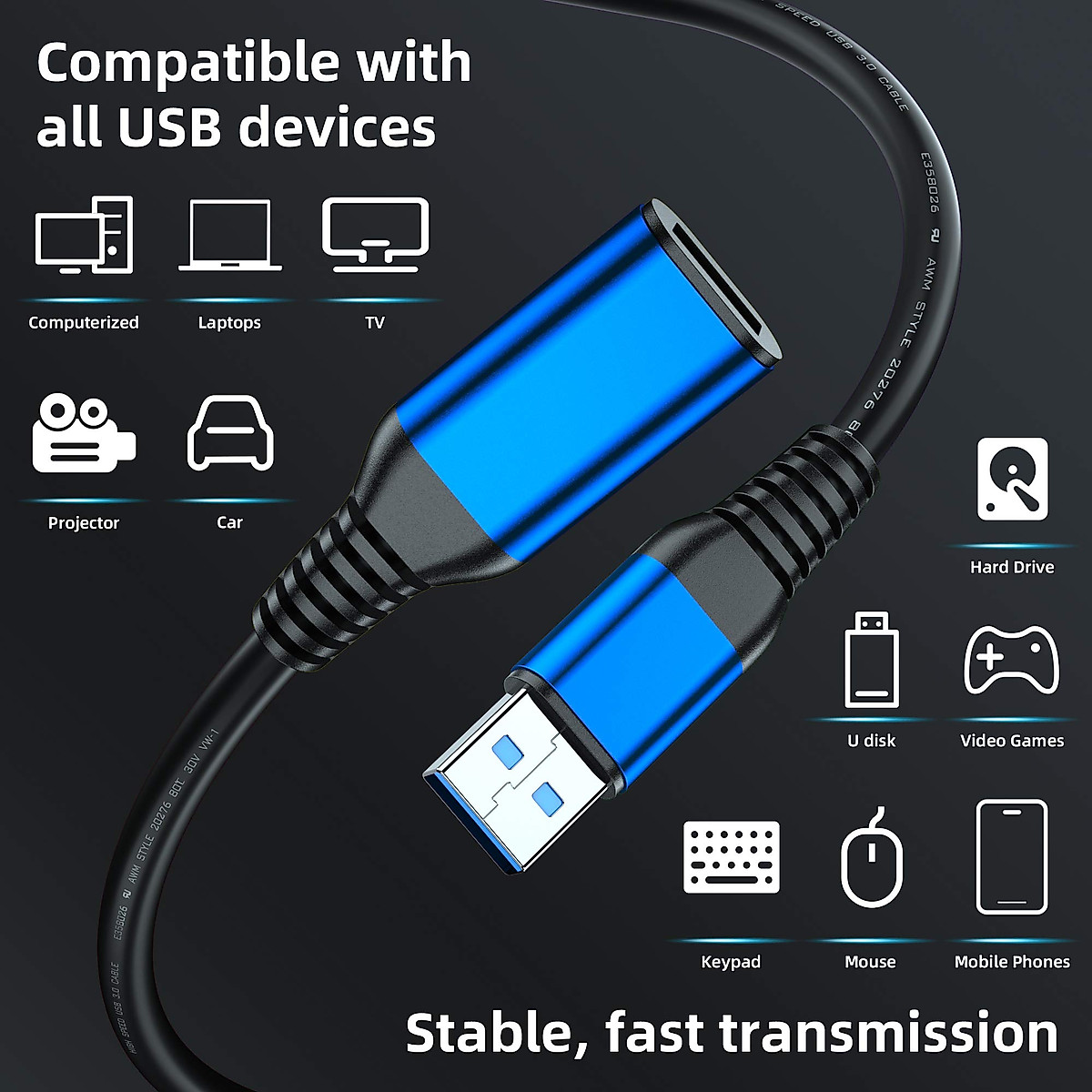 Weetcoocm USB 3.0 Extension Cable 20ft, Durable Braided USB 3.0 Extension Cable - A-Male to A-Female for USB Flash Drive, Card Reader, Hard Drive, Keyboard,Mouse,PlayStation, Xbox, Printer, Camera