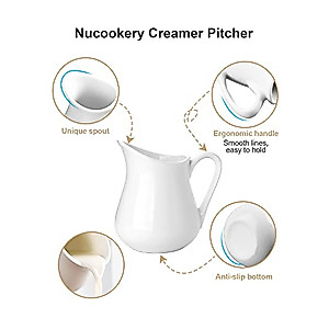 Nucookery 2 Pack (4 Oz) Classic White Fine Porcelain Creamer with Handle,Small Creamer Pitcher Set For Sauces Salad Coffee Milk More,Microwave & Freezer Safe (4-Ounce, Set/2)