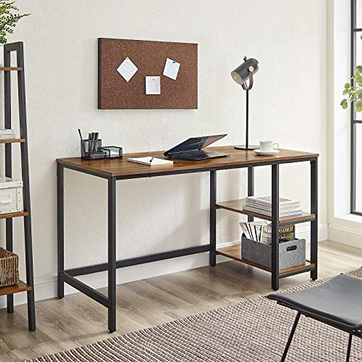 VASAGLE Computer Desk and 4-Tier Storage Shelf Bundle, 55 Inch Writing Desk with 2 Storage Shelves, Ladder Shelf with X-Bar, Steel Frame, Rustic Brown and Black ULWD55X and ULLS44X