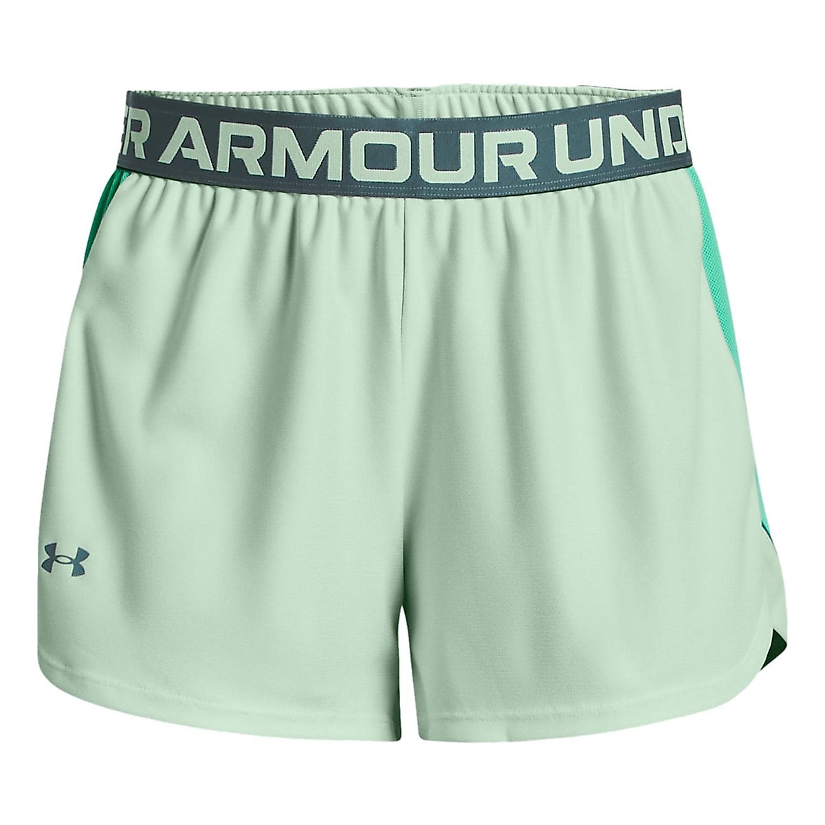 Under Armour Women's UA Play Up Side Mesh Shorts (Medium, Seaglass Blue/Comet Green)