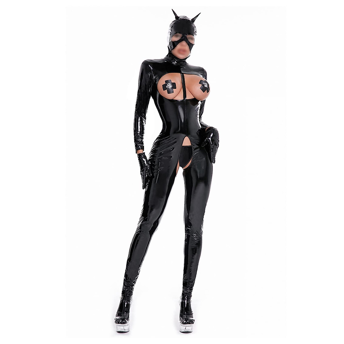 FEESHOW Women Sexy Wetlook Latex Catsuit with Mask PVC Faux Leather Jumpsuit Erotic Costume Clubwear 3# Black Medium