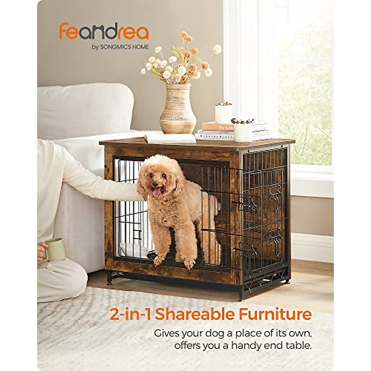 FEANDREA Dog Crate Furniture, Side End Table, Modern Kennel for Dogs Indoor up to 30 lb, Heavy-Duty Dog Cage with Multi-Purpose Removable Tray, Double-Door Dog House, Rustic Brown UPFC001X01
