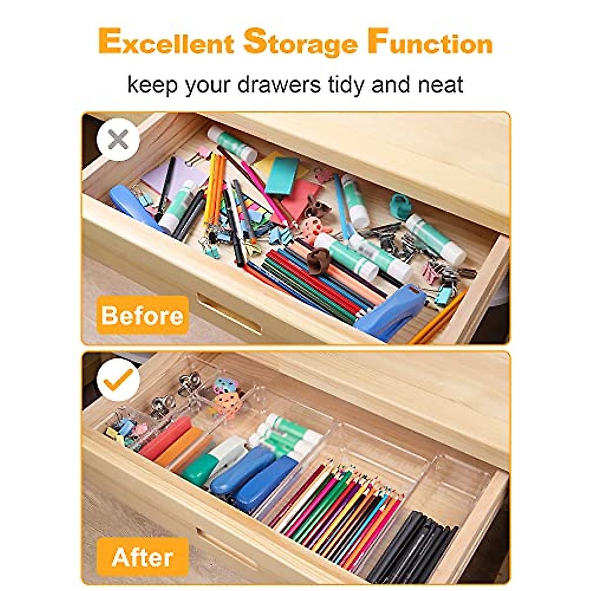 SMARTAKE 16-Piece Drawer Organizers, 4 Sizes Desk Dividers with Non-Slip Pads, Plastic Dresser Storage Tray Sets, Cosmetic Makeup Jewelries Trays, for Kitchen, Office, Home, Bathroom (Clear)