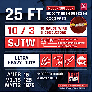 LONE STAR 10 Gauge Extension Cord 25 ft, Heavy Duty Extension Cord Lighted Plug for Outside, 10/3 SJTW Weatherproof Outdoor Extension Cord 25ft Yellow, Contractor Grade - Texas Based American Business