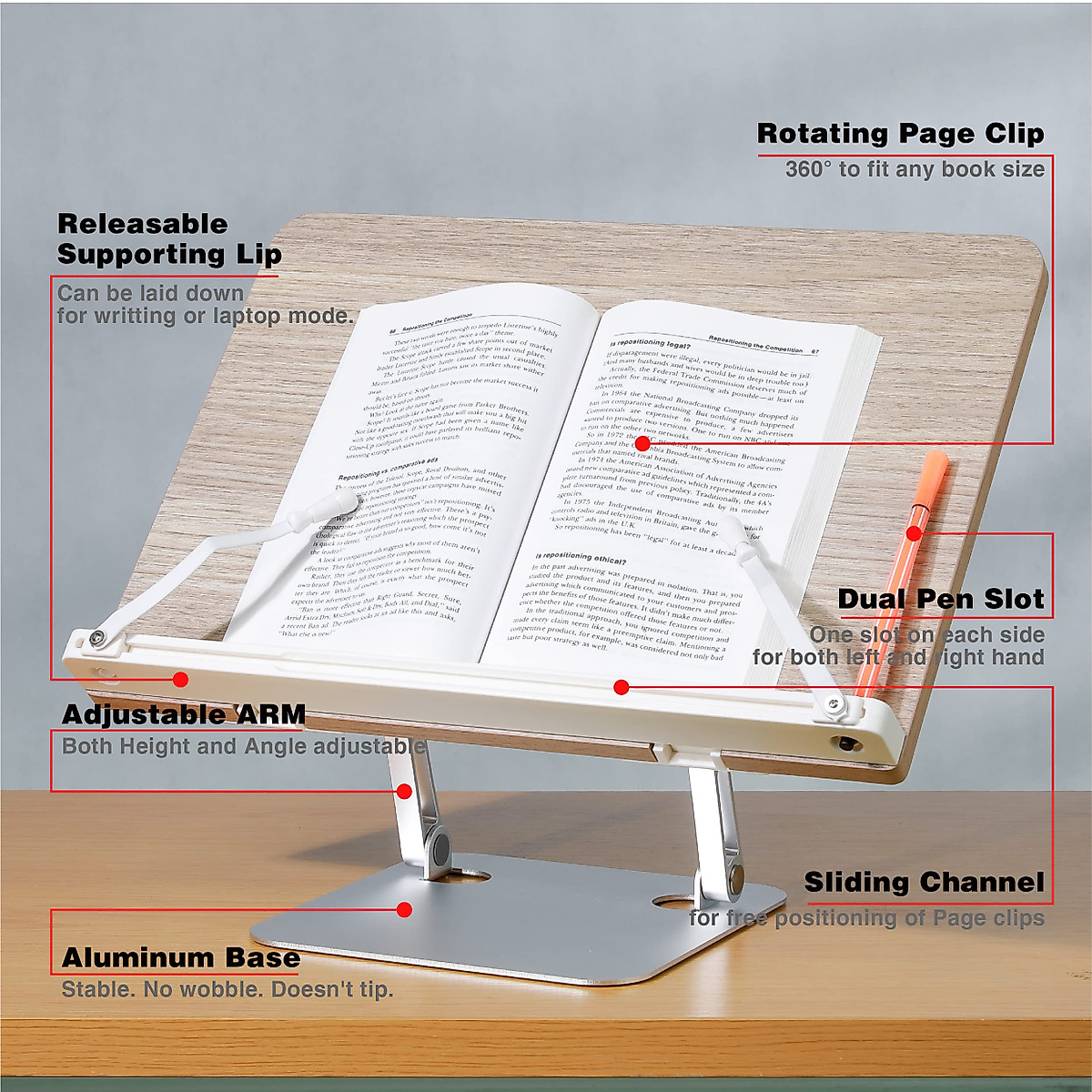 aSparkLiving Wooden Desktop Reading Writing Book Stand, Aluminum Base, Height and Angle Adjustable for Holding Cookbook, Recipe, Small Large Thick Heavy Books