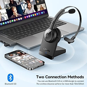 LEVN Bluetooth 5.0 Headset, Wireless Headset with Microphone (AI Noise Cancelling), 35Hrs Bluetooth Headphones with USB Dongle for PC, Suitable for Remote Work/Call Center/Zoom/Online Class/Trucker