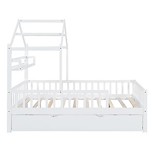 SIYSNKSI Full Size House Bed with Trundle, Wooden House Platform Bed with Shelf and Storage Headboard, Montessori Bed Playhouse Tent Bed Frame for Kids Girls Boys (White + Wood-87C)