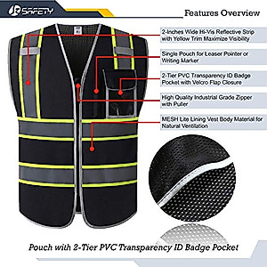 JKSafety 3 Pockets High Visibility Zipper Front Safety Vest MESH Lite | Black with Dual Tone High Reflective Strips | Meets ANSI/ISEA Standards (99-Black, Medium)