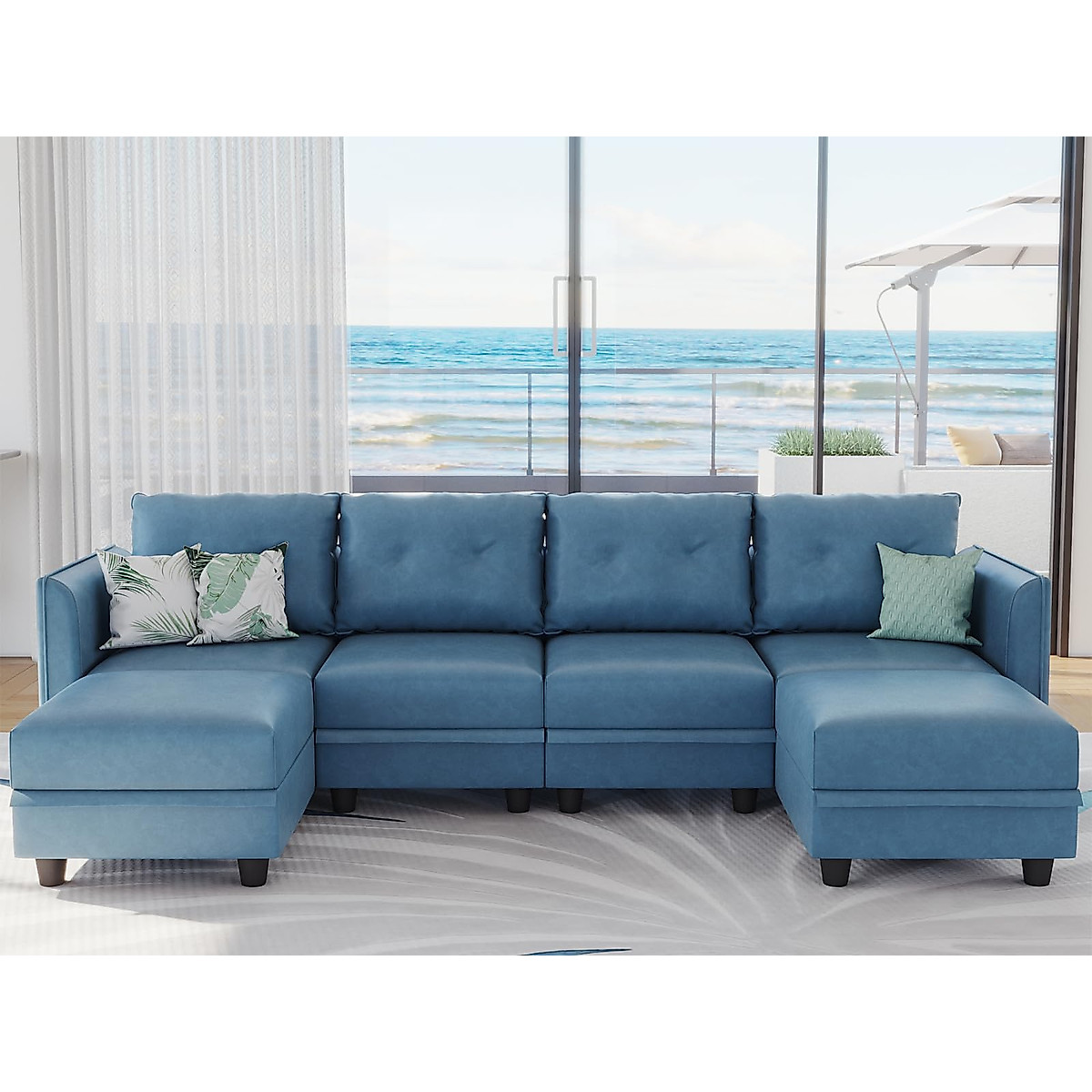LLappuil Modular Sectional Sofa, Convertible U Shaped Couch with Storage, Faux Leather Fabric Waterproof Sectional Couch for Living Room, 111.8" Width, 6 Seat Modular Sofa, Navy Blue
