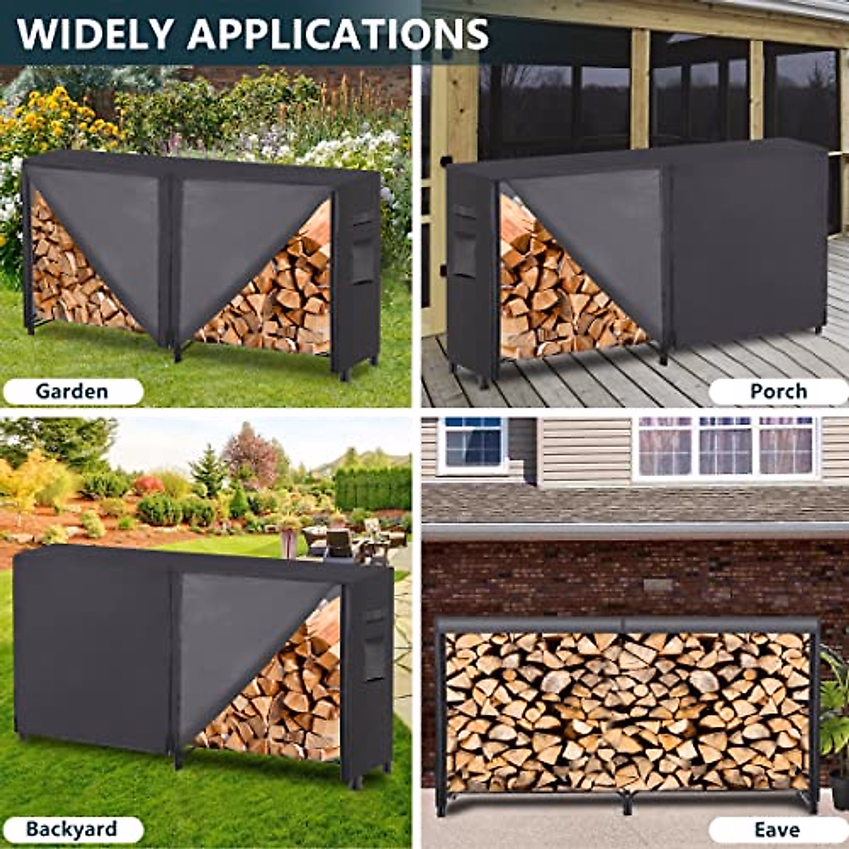 lafuria 8ft Firewood Log Rack with Cover Combo Set Outdoor Heavy Duty Storage Log Holder Wood Stacker Black