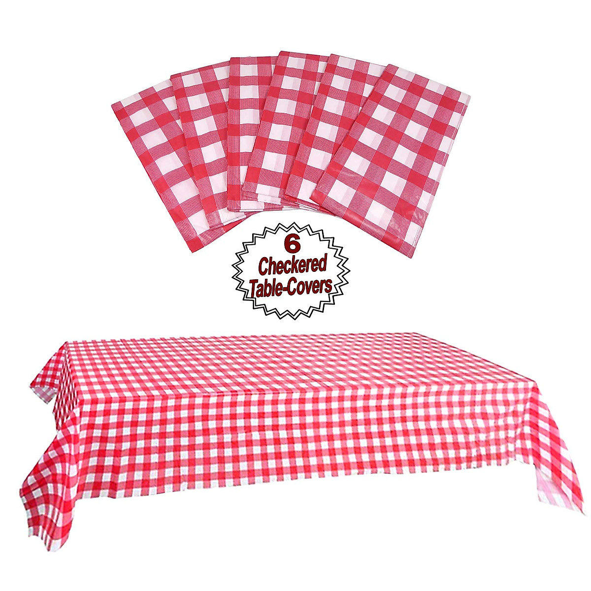 AnapoliZ Plastic Checkered Tablecloth | 6 Pcs Pack - 54” Wide x 108” Long | Red and White Picnic Disposable Table Cover | Rectangular Gingham Tablecover for Birthdays, Carnivals, Parties