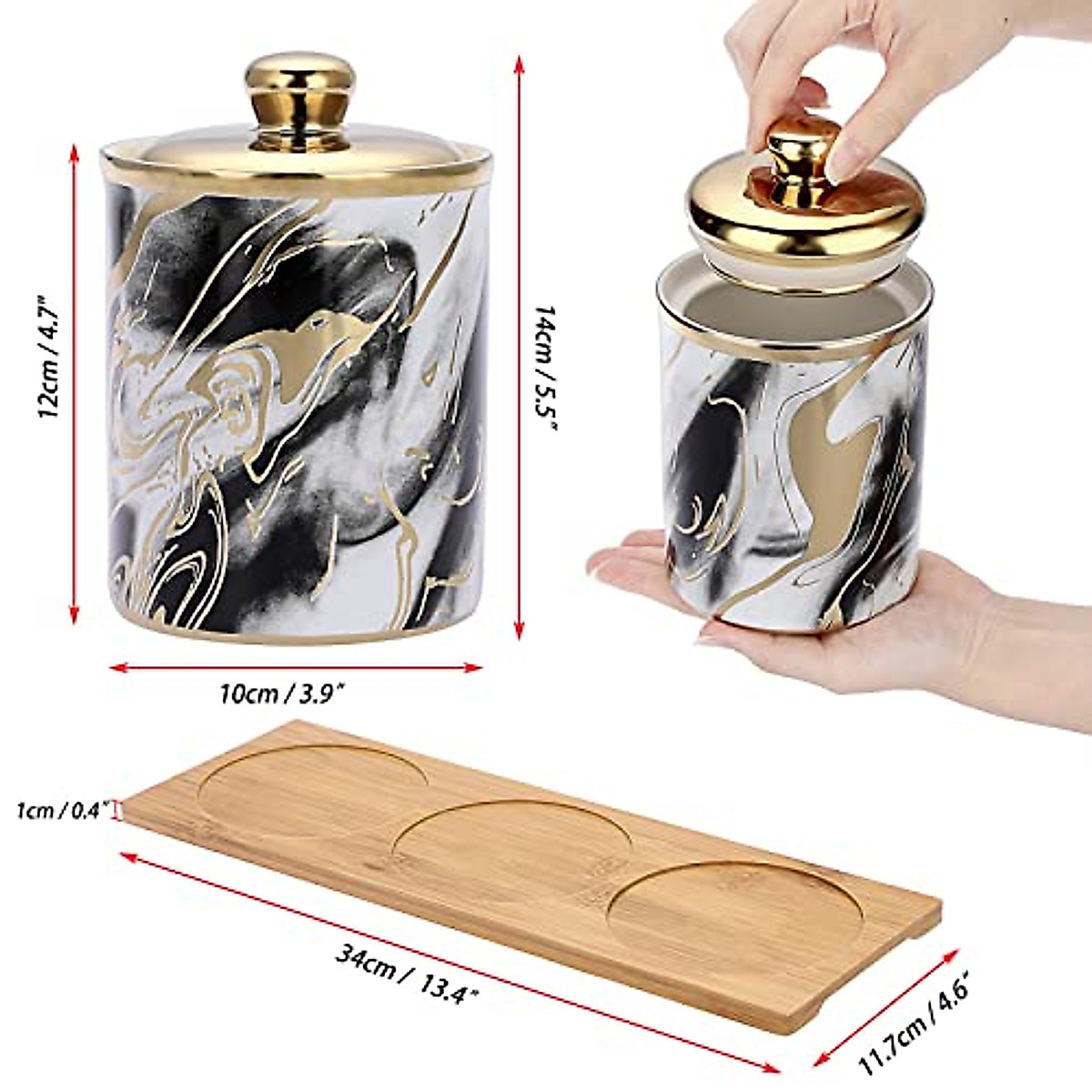 JUXYES Set of 3 Ceramic Canisters Set for Sugar Coffee Tea With Tray, Luxurious Storage Containers Sets with Lids Decorative Storage Pots Marble Ceramic Storage Jar for Kitchen Counter Dining Room