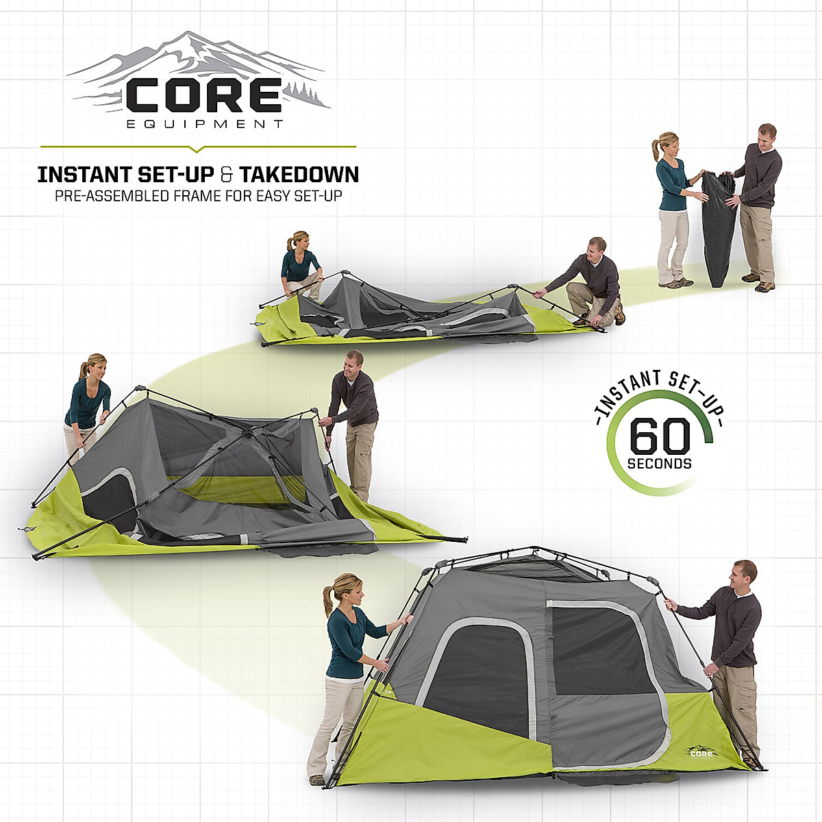 CORE 6 Person Instant Cabin Tent | Pop Up Tent with Easy 60 Second Camp Setup for Family Camping | Included Hanging Organizer for Outdoor Camp Accessories | Portable Tent for Camping with Carry Bag