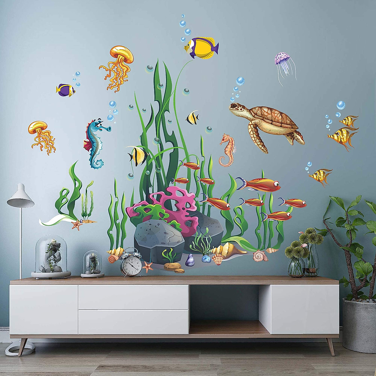 RW-1073 3D Ocean Wall Decals Under The Sea Fish Wall Stickers Ocean Animals Wall Art Decals View Under Sea Removable DIY Stickers for Kids Babys Bedroom Bathroom Living Room Nursery Home Decoration