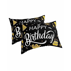 Edwiinsa Happy Birthday Pillow Covers Standard Size Set of 2 20x26 Bed Pillow, Yellow Cake Birthday Gifts Balloon Black Plush Soft Comfort for Hair/Skin Cooling Pillowcases with Envelop Closure